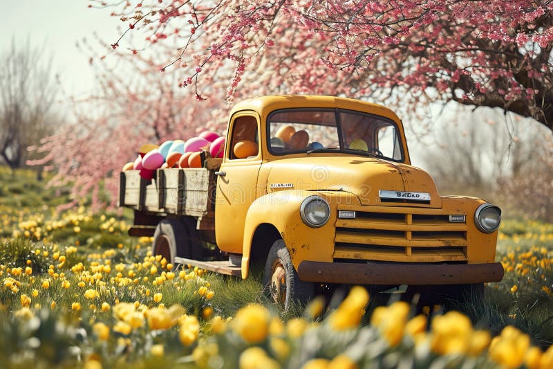 Yellow Spring Truck with Flowers, Easter Eggs and Blossoming Trees ...