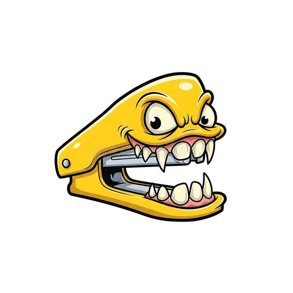 A Yellow Stapler with a Menacing Cartoon Face and Sharp Teeth, Isolated ...