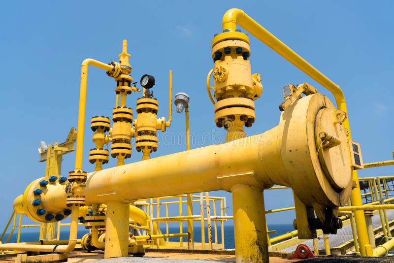 Steel Pipes and Valves Painted Yellow, Oil Pipe Valves in Offshore Oil ...