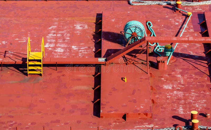 Yellow Steps and Blue Rope on Red Deck Stock Image - Image of tanker ...
