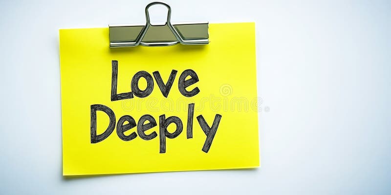 Yellow Sticky Note with Bulldog Clip. Love Deeply Handwriting Text on a ...