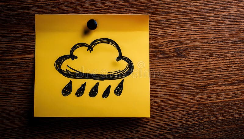 Drawing of a Rain Cloud with Raindrops on a Yellow Sticky Note Pinned ...