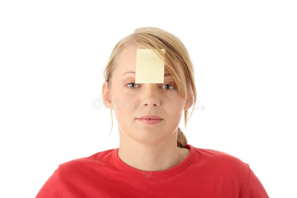 Yellow Sticky Note on Forehead Stock Photo - Image of memo, adult: 11486790