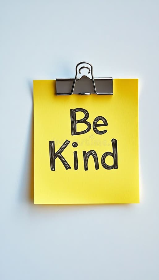 Yellow Sticky Note with Paperclip and Be Kind Message on White ...