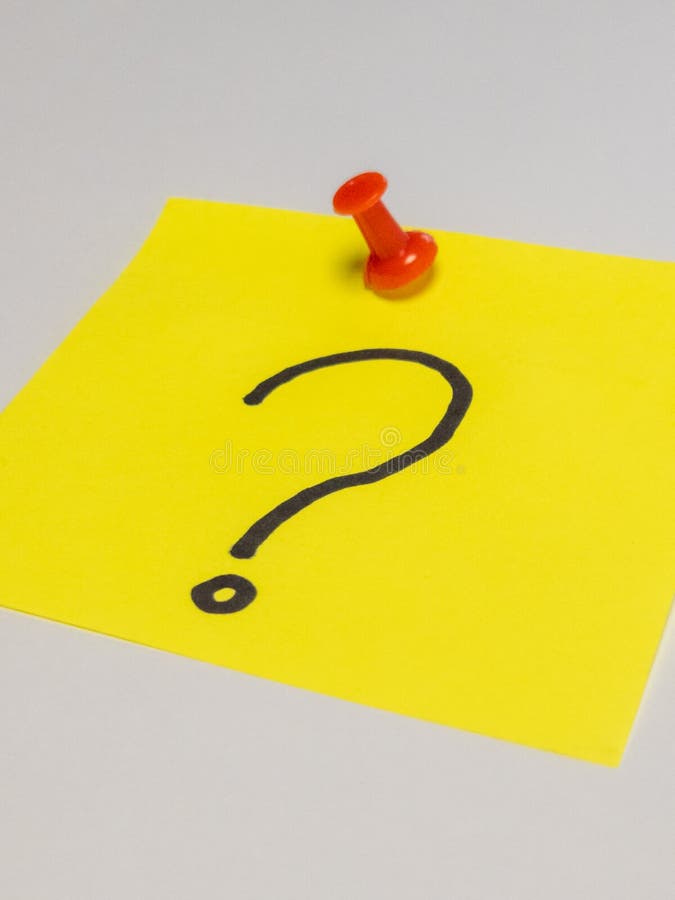 Yellow Sticky Note with Question Mark Pinned on White Surface Stock ...
