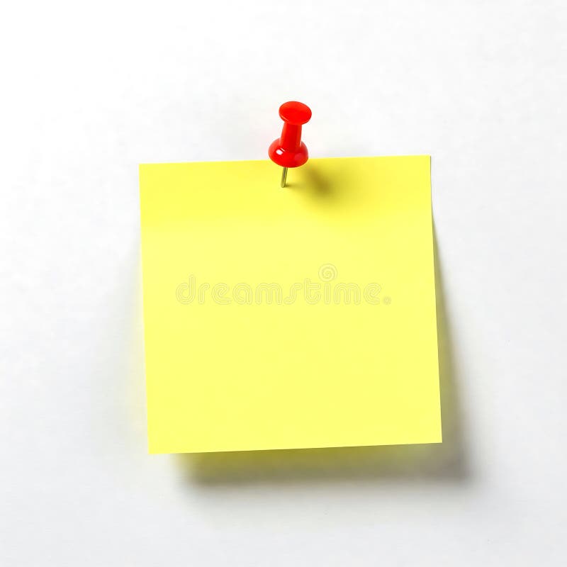 Yellow Sticky Note with Red Pushpin on White Background Stock ...