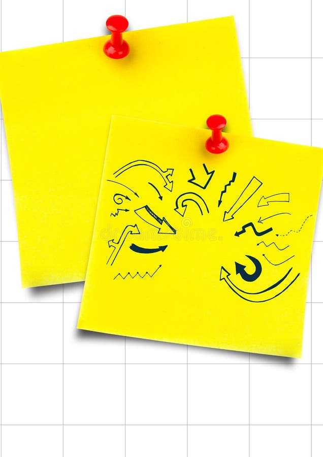 Yellow Sticky Notes with Blue Arrow Doodles Against White Graph Paper ...