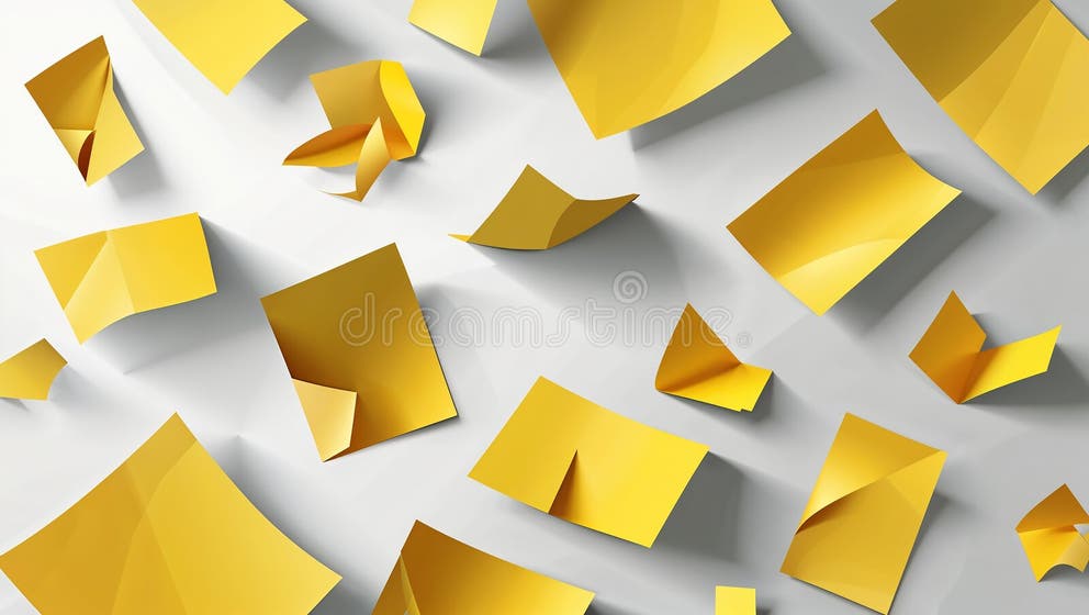 Yellow Sticky Notes Floating and Rotating on White Background Stock ...