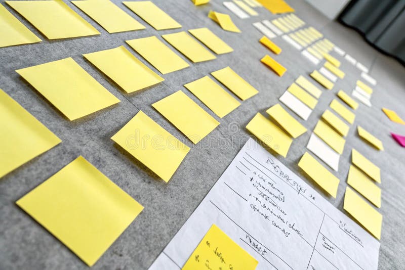 Yellow Sticky Notes on Grey Paper Background. Empty Room for Text. Top ...