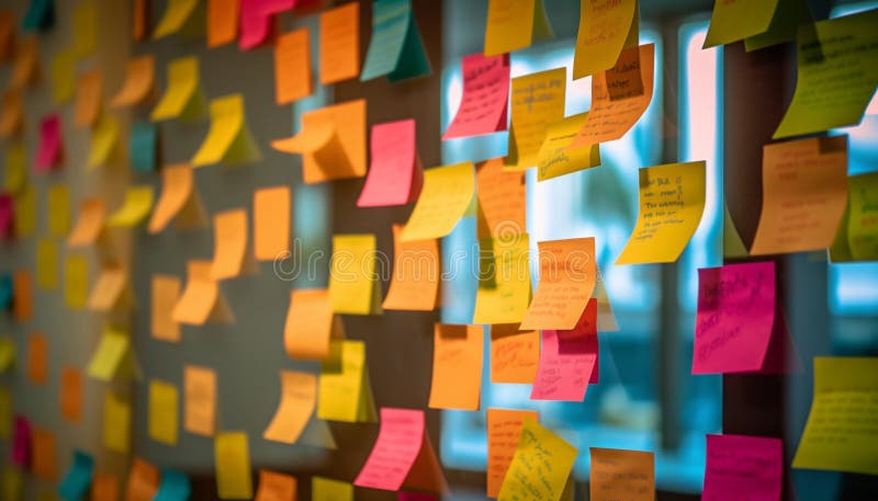 Yellow Sticky Notes on Office Bulletin Board Spark Creative Ideas ...