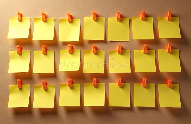 Yellow Sticky Notes Pinned Board Organized Rows. Planning Reminders ...