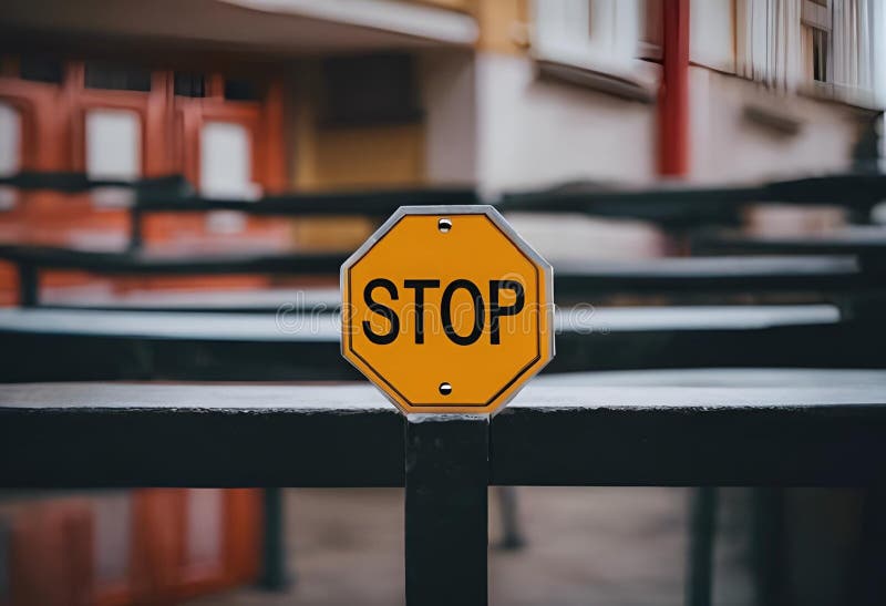 Yellow Stop Sign Mounted on a Black Railing Against Blur Background of ...