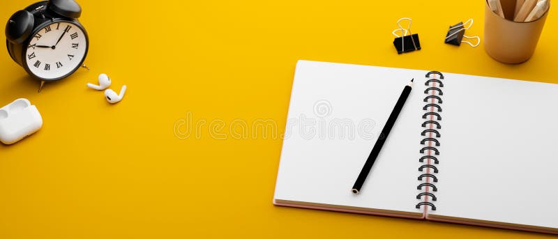 Yellow Study Table with Stationery, Clips, Earphones and Clock, 3D ...