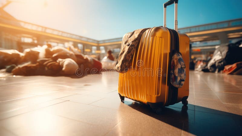 A Yellow Suitcase Sitting on the Ground in a Airport, AI Stock Photo ...