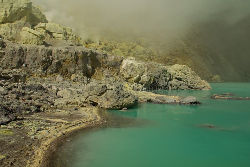 Yellow Sulfur Mine with Blue Lake Inside Volcano, Stock Image - Image ...