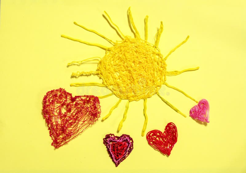 Yellow Sun and Four Pink Hearts Made by a Three D Pen on a Yellow ...