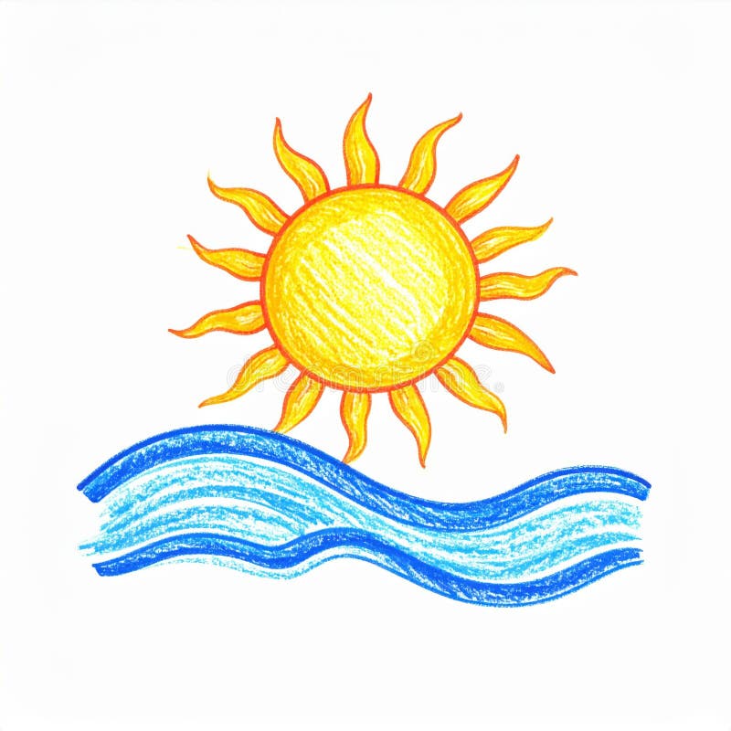 Yellow Sun Over Blue Wavy Ocean Drawing Stock Illustration ...