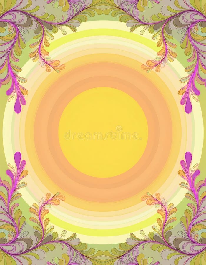 Yellow Sun Shining Over Pastel Concentric Circles and Floral Pattern ...