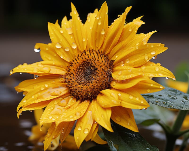 A Yellow Sunflower with Water Droplets on it Stock Illustration ...