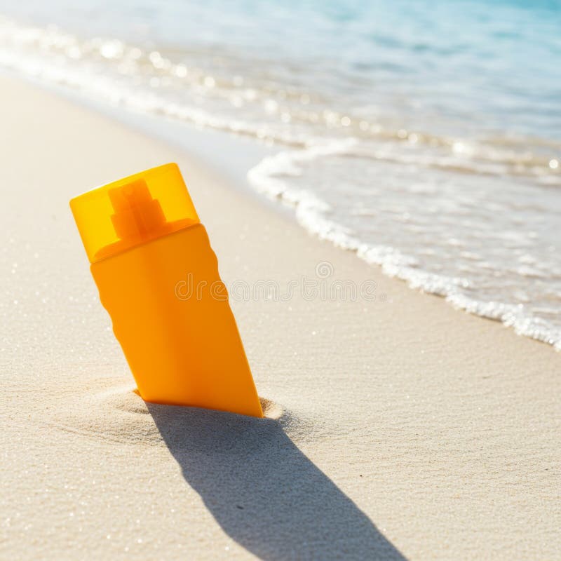 Yellow Sunscreen Bottle on Sandy Beach Stock Illustration ...