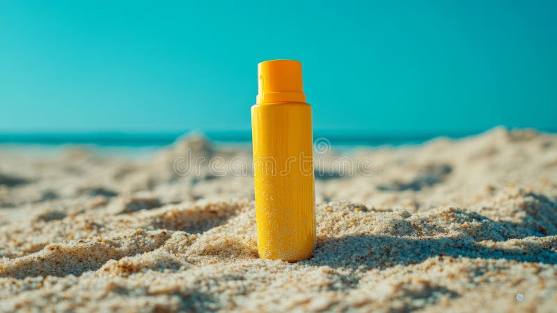 Yellow Sunscreen Bottle on Sandy Beach with Ocean Backdrop. Stock Image ...