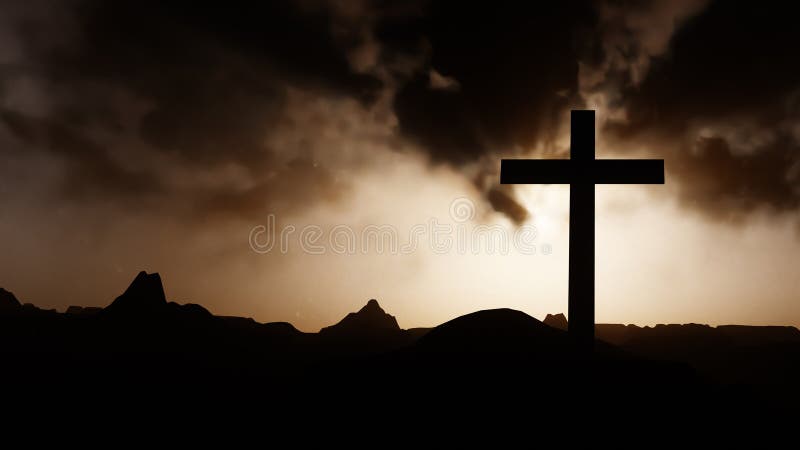 Yellow Sunset with Clouds Behind the Cross in the Background. 3d Stock ...