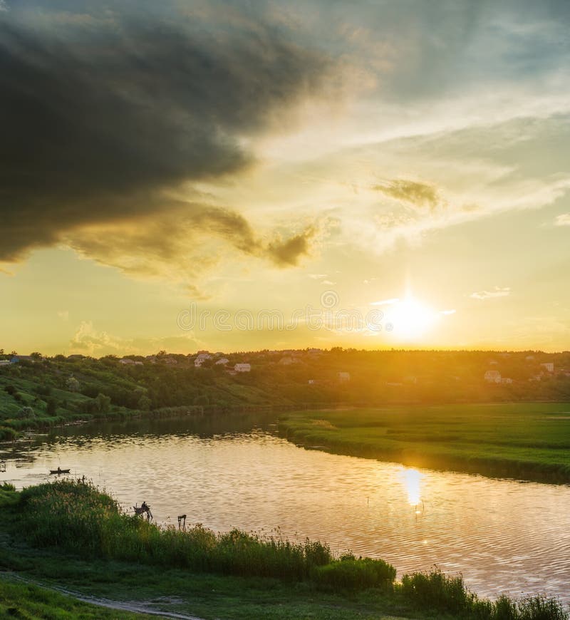 Sunset in Clouds Over River Stock Image - Image of environment, cloud ...