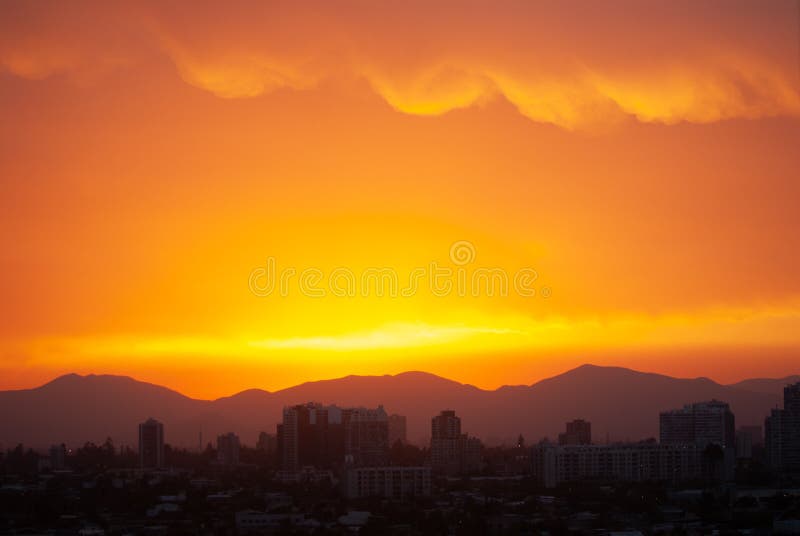 Yellow Sunset in Santiago stock photo. Image of building - 149013324