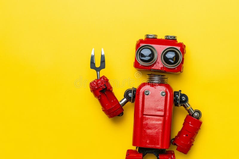 On a Yellow Surface, a Red Metal Robot Toy is Doing Push-ups Stock ...