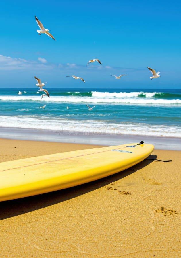 Yellow Surfboard on Sandy Beach with Gulls Flying Stock Illustration ...