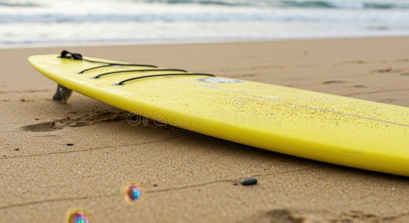 Yellow Surfboard on Sandy Beach Near Ocean Stock Illustration ...