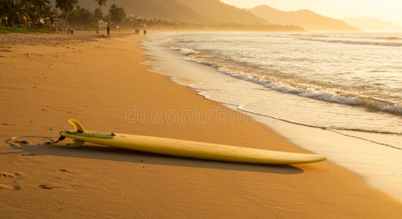 Yellow Surfboard on Sandy Beach at Sunset Stock Illustration ...