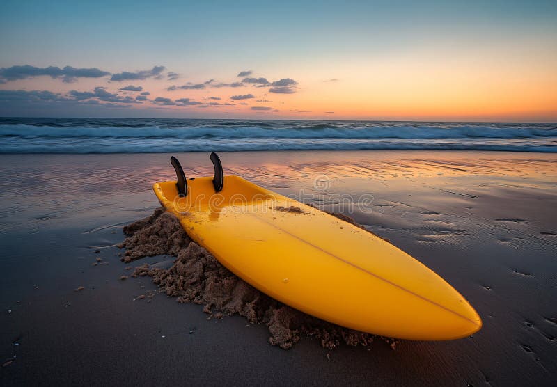 Yellow Surfboard on Sandy Beach at Sunset Stock Illustration ...