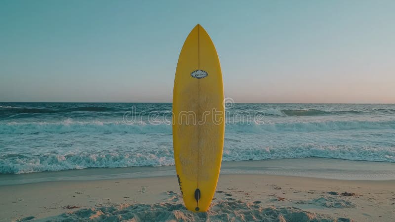 A Surfboard Stands Vertically with a Vibrant Design Featuring a Beach ...