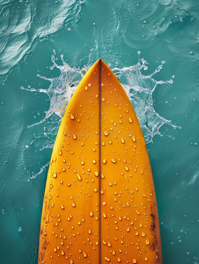 Yellow Surfboard with Water Droplets Against Ocean Background Stock ...