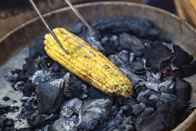 Yellow Sweet Corn Roasted on Fire from Black Carbons Stock Image ...
