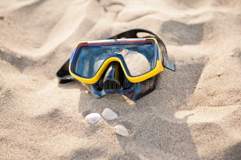 Yellow Swimming Mask on Sea Beach Stock Photo - Image of object ...