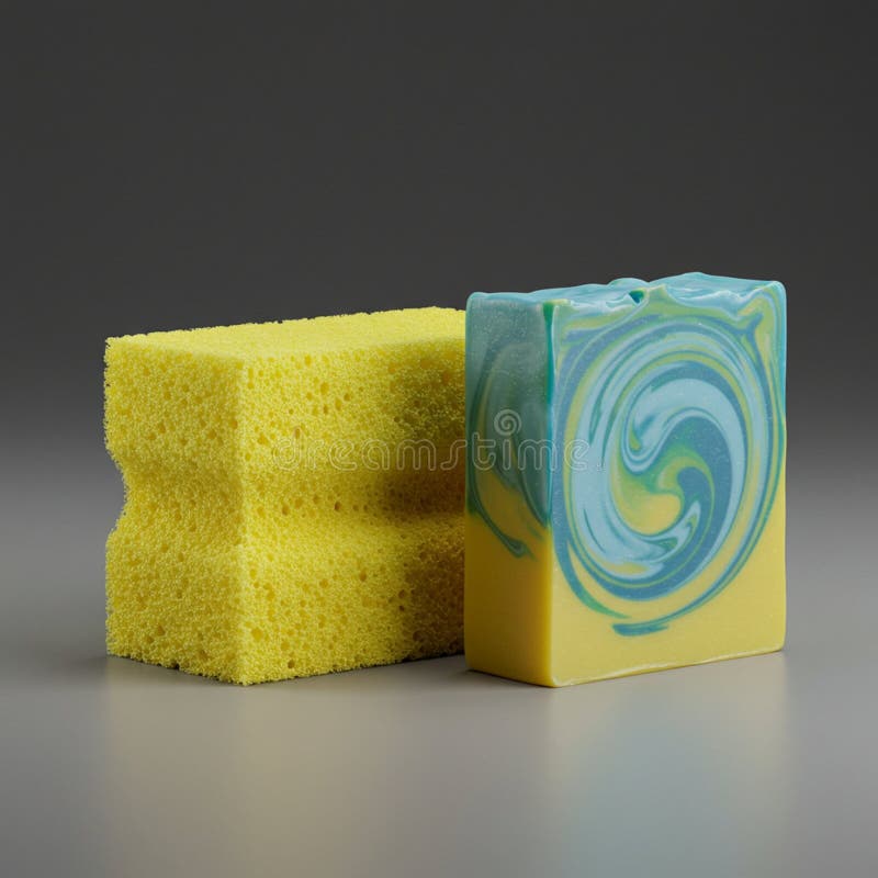 Yellow Synthetic Sponge with a Textured Surface, Next To a Rectangular ...