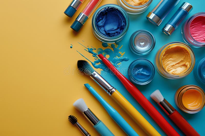 Yellow Table Covered with Various Cosmetics Stock Image - Image of ...