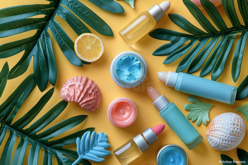 Yellow Table Covered with Various Cosmetics Stock Image - Image of ...