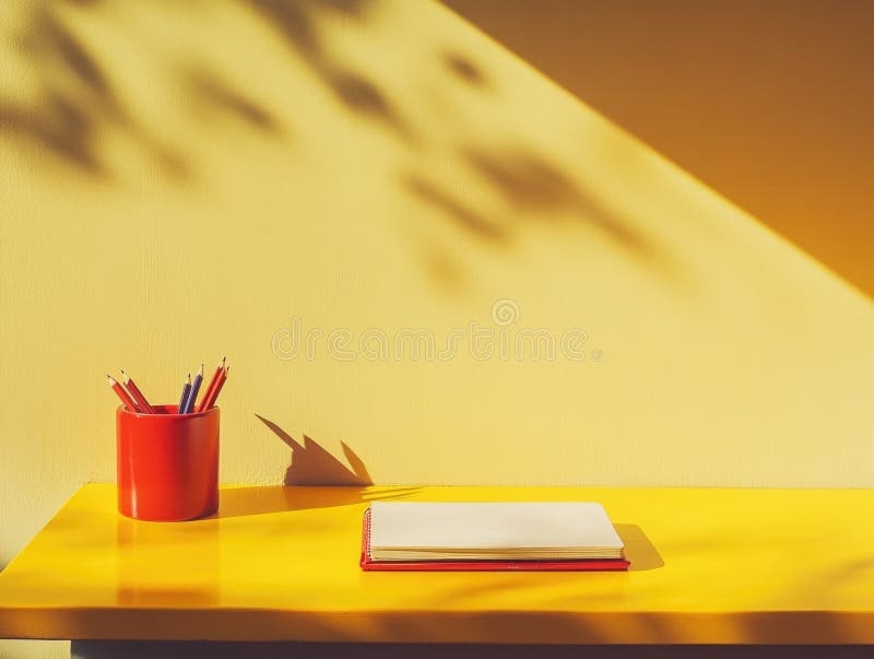 Yellow desk setup stock image. Image of notebook, brainstorming - 388519677