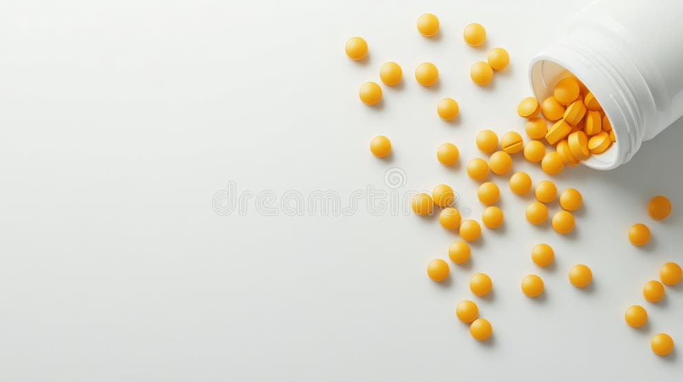 Yellow Tablets Spilling from a White Container on a Light Surface Stock ...