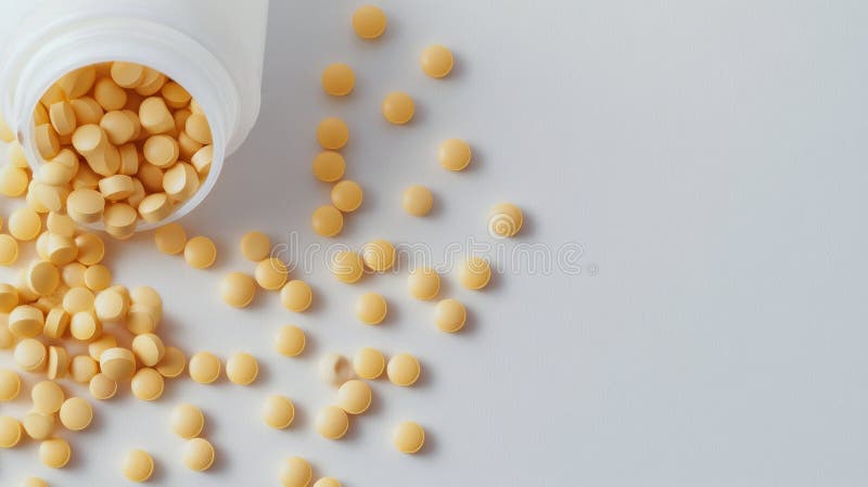 Yellow Tablets Spilling from a White Container on a Light Surface Stock ...