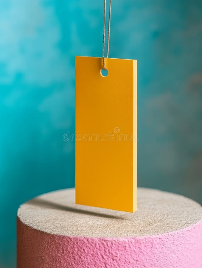 Yellow Tag Hanging Against a Vibrant Blue Background. Stock Photo ...