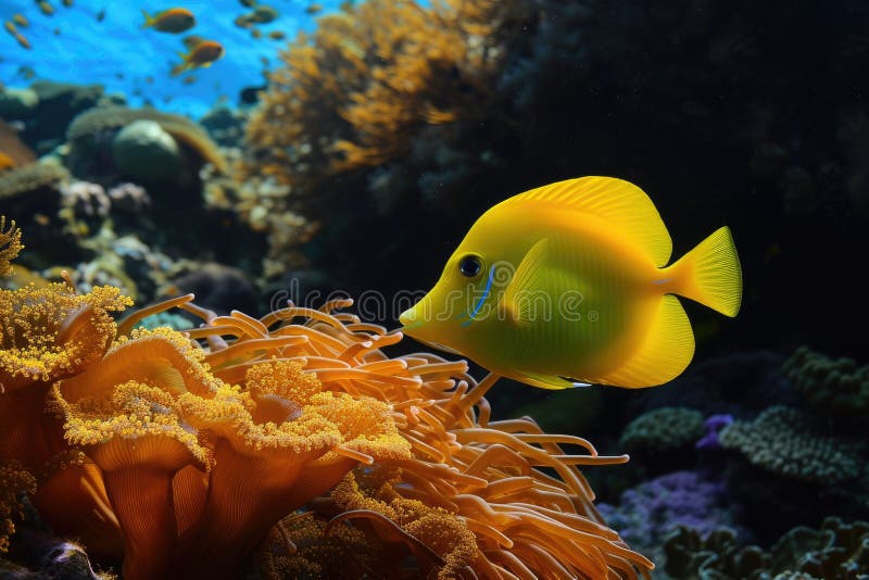 Yellow Tang Fish on Coral Reef Stock Illustration - Illustration of ...