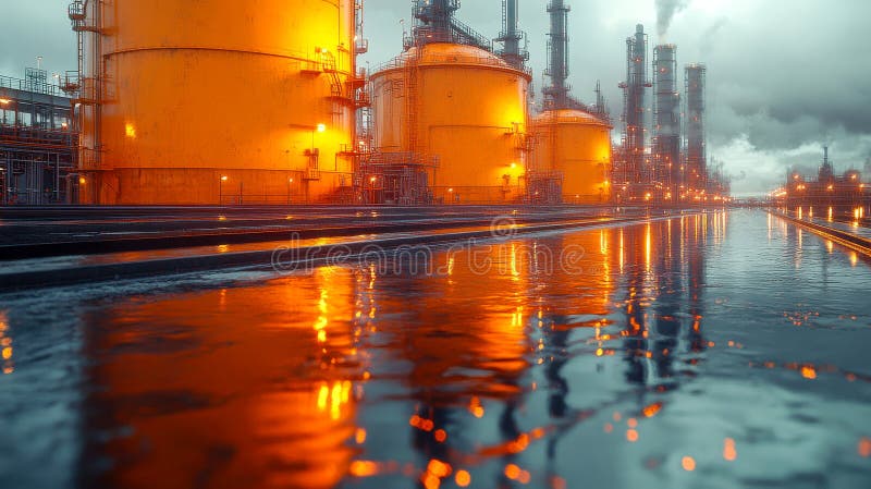 Yellow Tanks at an Oil Refinery Reflecting on Wet Surfaces, Emphasizing ...