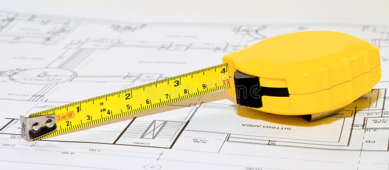 Yellow Tape Measure on Construction Drawing Stock Image - Image of ...
