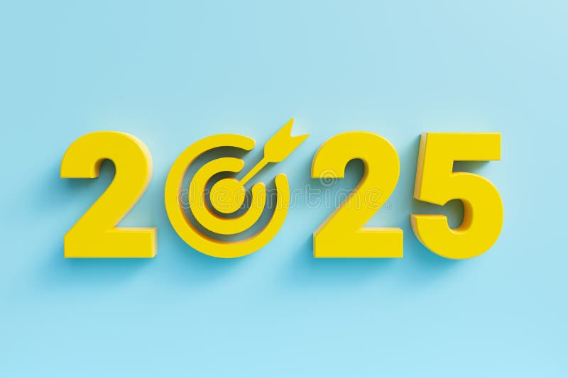 Yellow Target Icon and Year Numbers 2025 on Blue Background Stock ...