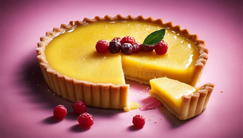 Yellow Tart with Raspberries and Mint Leaves on Top Stock Image - Image ...