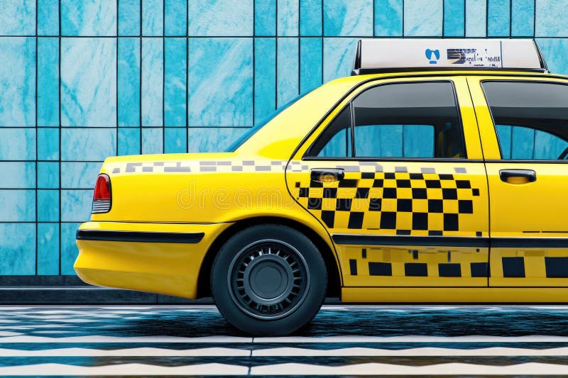 A Yellow Taxi Cab is Parked in Front of a Blue Wall Stock Image - Image ...